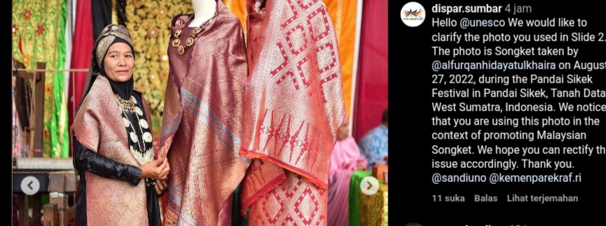 UNESCO unggah Konten Songket dari Malaysia, Ini Tanggapan Dispar Sumbar
